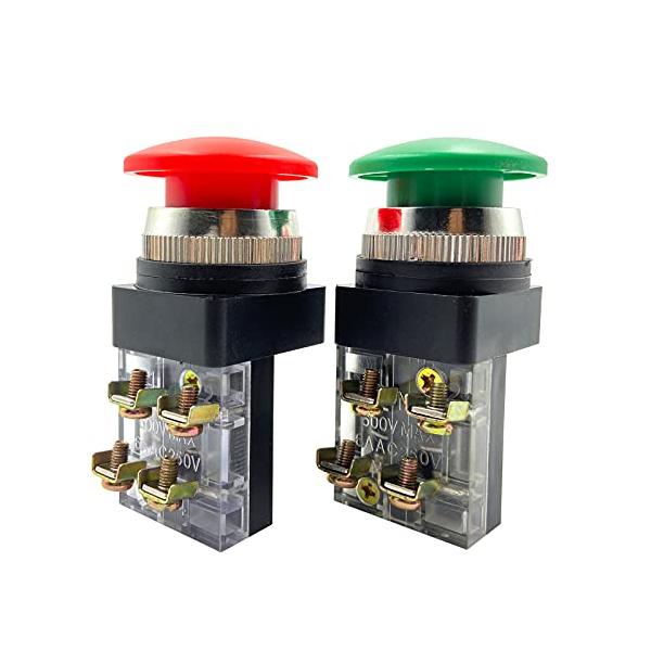 製品名：押しボタンスイッチ。アクションタイプ：モーメンタリ。接点タイプ：1 NO ノーマルオープン * 1つのNC ノーマルクローズ 定格電圧：交流250V、600V最大;定格電流：6A;端末の数量：4つのねじ端子パネルカット直径：35ミリ...