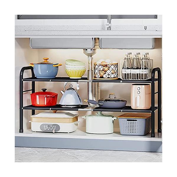 伸縮式キッチン収納ラック 仕様：棚板８枚 ２段 サイズ：幅50-80cm*奥行25**高さ41*；重さ 約 ：2.1kg；材質：スチール* 粉体塗装; 耐荷重 ：35kg 幅は自由に調節可能 伸縮可能なスチール棒で、収納スペースによって、幅...