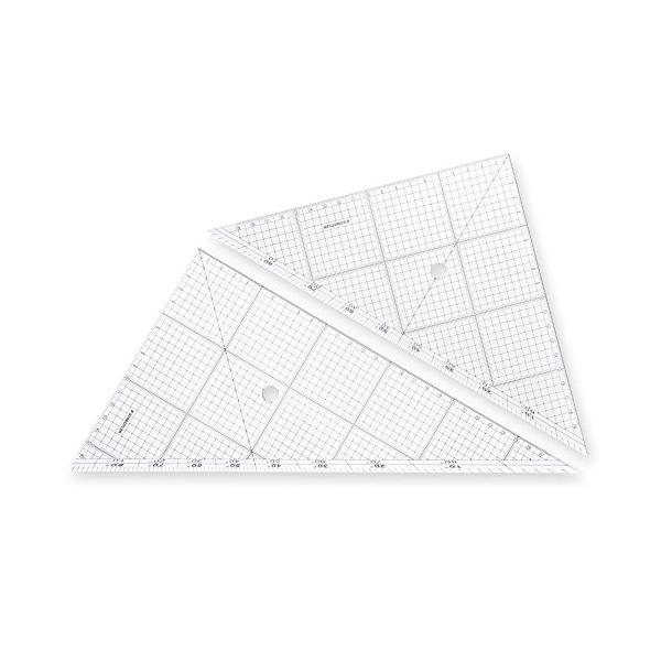 30cm45*・60*ペア、5mm方眼・1mm点線目盛・分度目盛付き、鏡面仕上げ製図用や筆記具関連製品の定番品の、方眼つき三角定規歪みの少ない、厚手の樹脂製品グレーのスケールプリントなので図面上の線と混同せず、濃い色の紙上でも視認性に優れて...