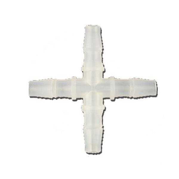 樹脂製の十字型継手。接続部はホース継手(タケノコ)で、チューブとの接続ができます。 形状情報１ テーパー先端外径: 8.0mm、テーパー最大外径: 10mm、内径: 5.8mm。 形状情報2 全長: 65mm材質：PP ポリプロピレン 10...