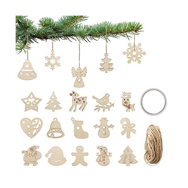 セット内容：入数：100枚 20種、各種5枚入り 、素材：木、サイズ：2.5*4*〓3.2*4*、5m麻紐付きクリスマスツリーオーナメント：ツリーに飾ると、温かく北欧らしく雰囲気が出てくることは間違いなしです。種類豊富：ツリー、サンタ、星、...