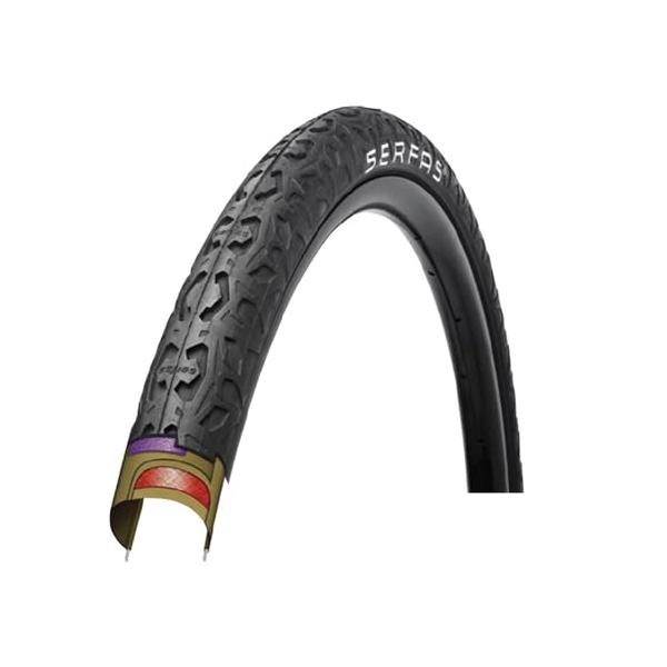 通常のMTBタイヤを反転させたような特殊トレッドパターンで、舗装路での軽い走りと滑りやすい路面でのグリップを両立。センター部分に長寿命と転がり抵抗の軽減を実現する68デュロメーター(硬さの単位)のハードコンパウンド。サイドにはコーナリング性...