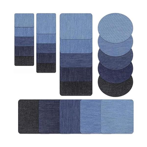 1.多様な形状：楕円形、長方形、正方形の3種類の形状を提供し、多種のサイズ選択、異なる補修需要を満たす。2.豊富な配色：25枚セットで、薄い青、青、濃い青、紺、黒の5色を含み、各種のデニム服に適している。3.良質な材質：表面デニム、内側ポリ...