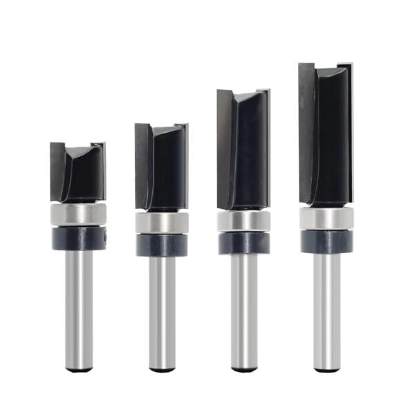 トリマービットサイズ  軸径*切削径*切削深さ ：6x12.7x12.7mm、 6x12.7x19mm、6x12.7x25.4mm、 6x12.7x32m。 超硬合金製刃  トリマビットの刃部にYG6Xタングステン鋼を採用し、表面塗装、 切...