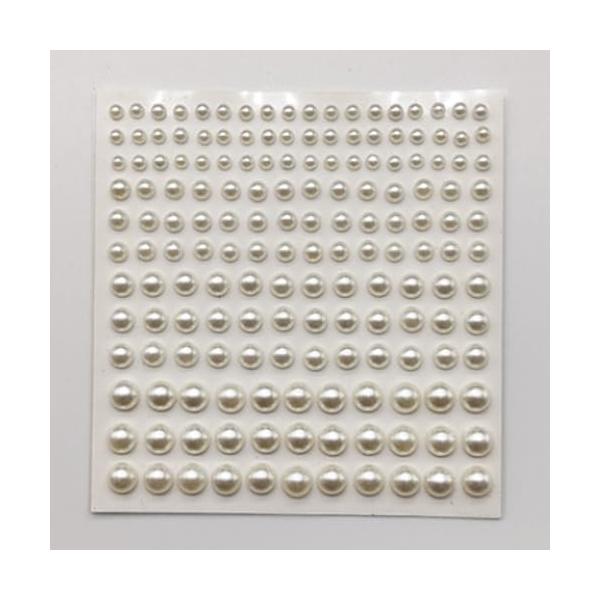 商品仕様  セット内容：2シート 計330粒  粒サイズ(1シートの数量)：7mm 33粒 、5mm 36粒 、4mm 42粒 、3mm 54粒  カラー：パールホワイト タイプ：裏面接着済み シールタイプ  素材：プラスチック 光沢仕上げ...
