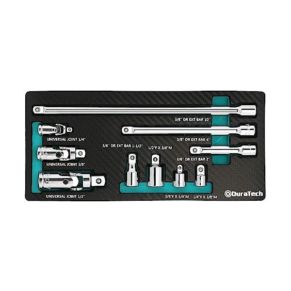 10点セット ユニバーサルジョイント3点、エクステンションバー4本、アダプター3点。高品質鋼材に熱処理＆クロムメッキ済みで耐久性に優れていて、車いじりなどの場合、ボルト・ナットの締緩作業をサポートしてくれます。 ユニバーサルジョイント 差込...