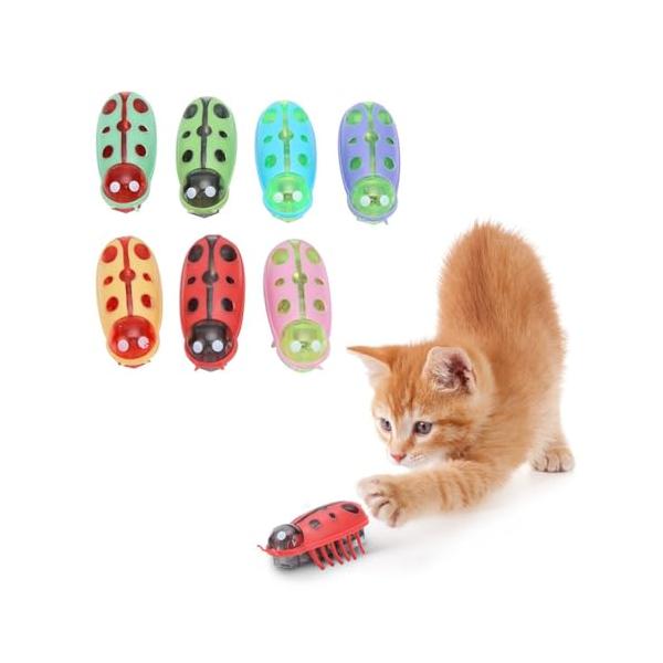 猫用電動おもちゃ &amp; ミニてんとう虫型おもちゃ 7個セット 自動転がり 90度方向転換機能付き 安全無害プラスチック製 多色展開 愛猫の運動不足解消にペット用品/猫/おもちゃ/インタラクティブおもちゃ