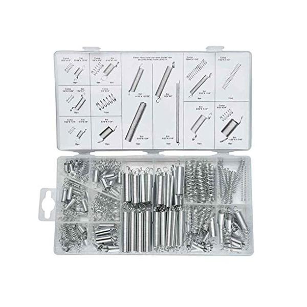 材質：スプリングスチールばね鋼引張りばね 124pcs ：*5*20.5mm：10pcs 、*5.5*25.5mm：10pcs、*6.5*22mm：10pcs、*8.5*47mm：12pcs、*7*51mm：12pcs、*7*38mm：10...