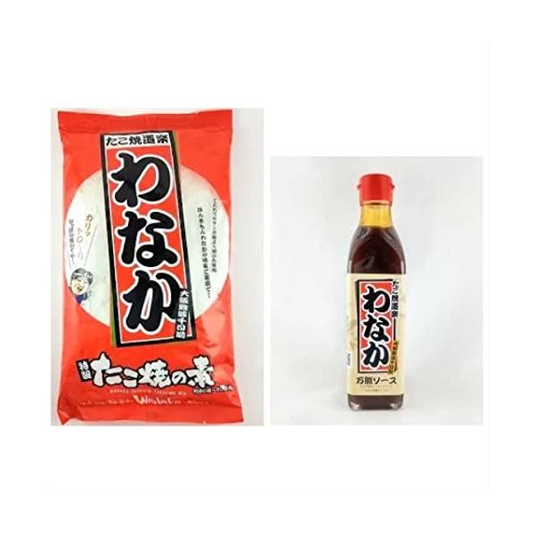 わなかのたこ焼の素　おいしさの秘訣は キメの細かい小麦粉に、出汁と程よい塩加減。 飽きのこない味に仕上げています  お客様お好みの具・味付けでさらに美味しくお楽しみ下さい*内容：わなかたこ焼き粉400g、万能ソース300mlパッケージは変更...