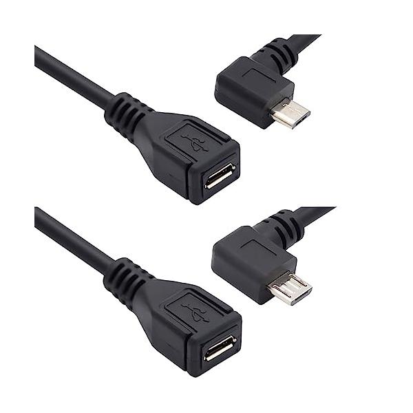 左右90度角度付きMicro USB 2.0オス-メス延長ケーブル2本。0.5mフルピン接続。標準のUSB Micro-Bケーブルです。用途: 車 GPS MP3 MP4 PDA 携帯電話 PMP タブレットとすべてのマイクロ USB デバ...