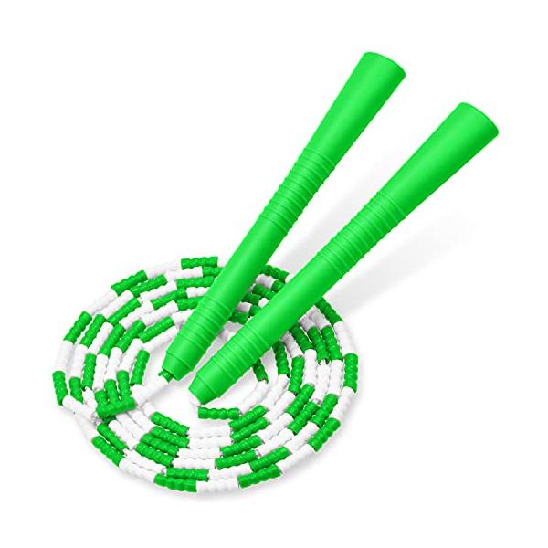 商品仕様 サイズ：ロープ約260cm、グリップ19.3cm。素材：PPグリップ*PVCビーズ*ナイロン紐。本体重量：約90g。 長さの調整が簡単  柔らかいPVCビーズ 摩耗に強いPVCビーズは柔らかくて、引っかかってもあまり痛くないです。...