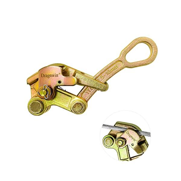 サイズ 引張強度：1t 掴線範囲：2.5mm-16mm 高品質 耐久性が高く丈夫な合金で出来て、防錆性も優れています。 安全性 クランプの口にクリップ防止安全装置があるので、安全で伝線がありません。また、クランプが滑らかなので、ワイヤーへの...