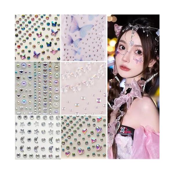 多色多種類 キラキラ3D光る人気ラインストーンステッカー 月型・ハート型・星型・蝶型・円形・涙型・ダイヤなど異なる形の組み合わせセットです。ステージ、ビデオ、写真撮影などの場面で、目、顔、ボディなど飾りも適します。作り方、使い方法が思いの違...