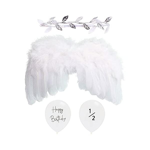 4点セット 天使の羽1個 * シルバーヘアバンド1個 * ハーフバースデーバルーン2個。ヘアバンドのサイズ：平置き約15.5 cm*3.5 cm。天使の羽のサイズ：約28 cm*18 cm。 高品質な素材 ヘアバンドと肩にかけるゴムは高品質...