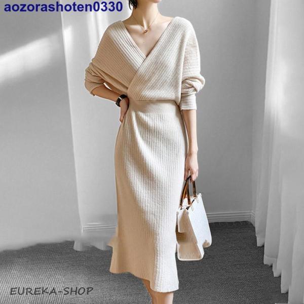 商品名：カシュクールニットワンピース / Cachecoeur knit dressカシュクールデザインが女っぽさを上げる、上品なニットワンピースです。前後ともにVネックなので、バックスタイルで肌見せも可能です。ジャケットなどを羽織ればオフ...