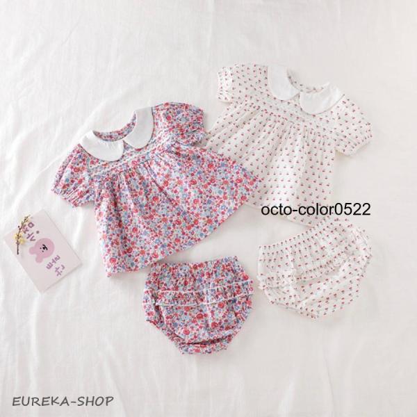 花柄がかわいいベビーのワンピースとパンツ（オムツカバー）の2点セットです。セットアップなのでトータルコーディネートが完成！白い丸襟が上品なのでハーフバースデーなどのイベント時にもオススメです。海外子供服・韓国子供服（海外ベビー服・韓国ベビー...