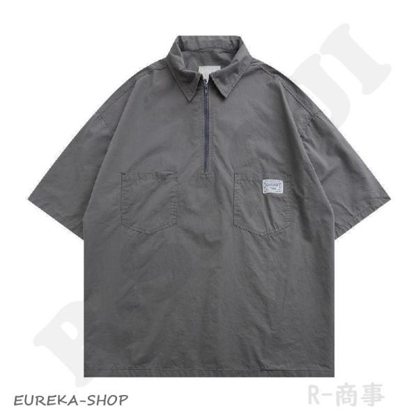 ワークシャツ メンズ ゆったり オーバーシャツ シャツ 半袖 アメカジ 2ポケット シンプル ベーシック ハーフジップ プルオーバーシャツ 夏サイズ：cmM 胸囲130　着丈74肩幅61　袖丈26.5L胸囲134　着丈76肩幅63袖丈27X...