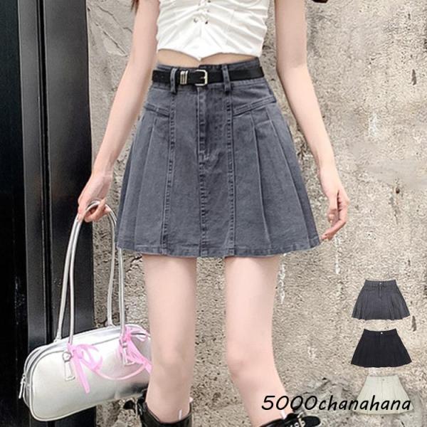 「1枚で簡単Y2Kコーデ」デニム ミニスカート プリーツ 韓国ファッション レディース ミニスカ インパン ペチパン付き 台形 Aライン ボトムス ボタン ファスナー ベルトループ ショート丈 デイリー 無地 中厚手 デート 春 夏 秋 冬...