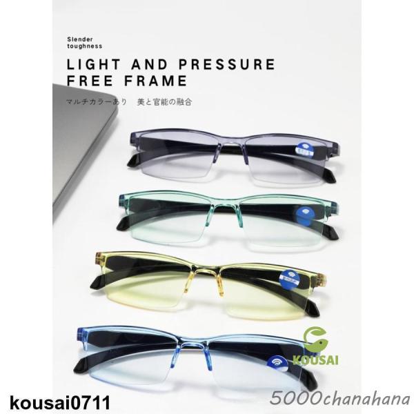 商品仕様材質:PC+ナイロンカラー：イー,ブルー,グリーン,グレー★スマートズーム老眼鏡 PCレンズ PCフレーム素材 色：紫（スマートズーム）、緑（スマートズーム）、青（スマートズーム）、黄（スマートズーム） フレームなし眼鏡 度数範囲：...