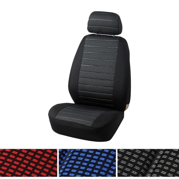 対応：サイドエアバッグ/電動シート/水洗い洗濯材質：ポリエステルシートタイプ：全面フルカバータイプ内容品：前席用カバー1個/ヘッドレストカバー1個※肘掛けカバーは含まれておりません選べる3色：グレー/レッド/ブルー伸びる生地なので対応形状の...