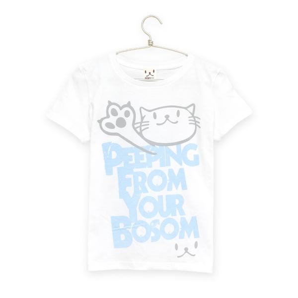 レディース Tシャツ 猫 PEEPING CAT - ホワイト × ブルー ネコ ねこ 猫柄 雑貨 SCOPY スコーピーパーカーなどの上着の胸元にから猫が覗いてるイメージのTシャツです。このTシャツの上に上着をはおって、胸元をちょっと大き...