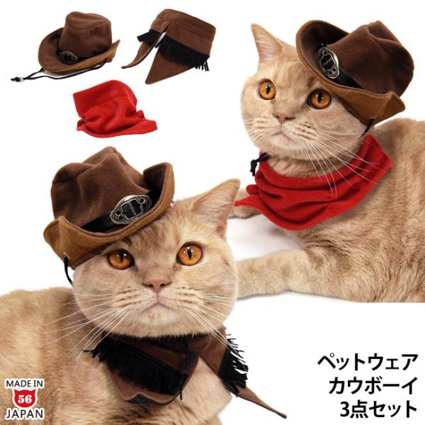 カウボーイにかっこよく変身！！テンガロンハット風の帽子・フリンジが可愛いスタイ・粋な赤いスカーフ（首輪付き）の盛りだくさんな3点セットです。