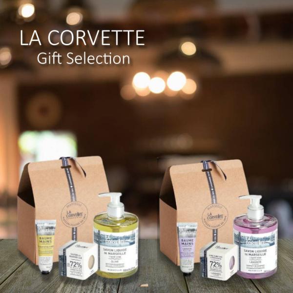 【LA CORVETTE/ラ コルベット スキンケアギフト詰め合わせ3点セット】伝統製法でつくられた正真正銘本物のマルセイユソープと全身洗えるなナチュラルなリキッドソープ、保湿成分オリーブオイルやラベンダーを配合したこだわりのハンドクリーム...
