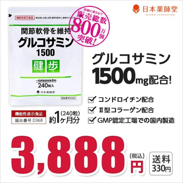 機能性表示食品『グルコサミン1500健歩（けんぽ）』グルコサミン塩酸塩は、運動における軟骨成分の過剰な分解を抑えることで、関節軟骨を維持することが報告されています。グルコサミン1500mg配合！『グルコサミン1500健歩（けんぽ）』は、「グ...
