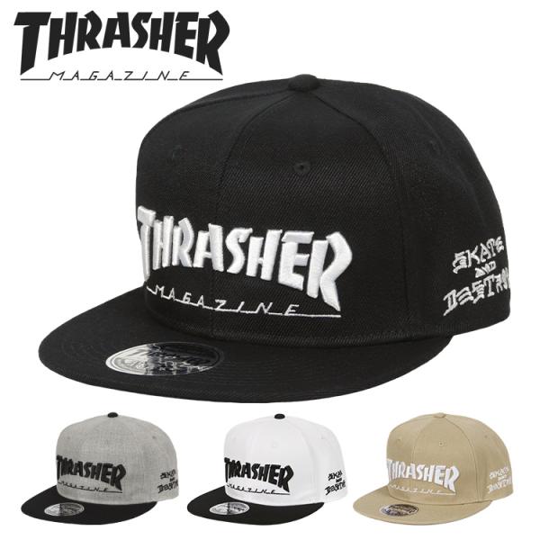 ブランド：THRASHER(スラッシャー)商品名：MAG LOGO FLAT BILL HAT (#THR-C03)アイテム：キャップ素材：ポリエステル100％カラー：1.Black(ブラック/黒)2.White×Black(ホワイト/白)...