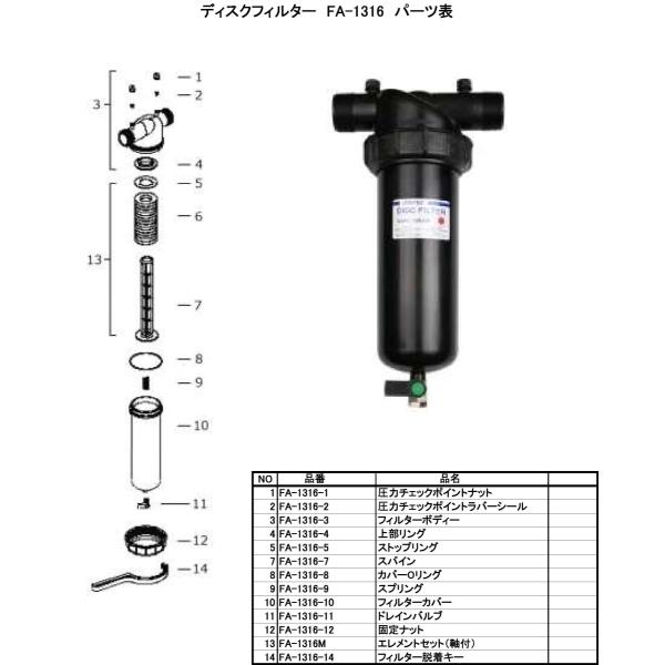 ディスクフィルター交換用パーツ ＮＯ,３ フィルターボディ ＦＡ−１３１６−３■特徴■隙間なく積み重ねられたディスクエレメントの溝でゴミを除去します。河川、貯水池、用水、井戸水の塵埃除去に最適。水質や用途に合わせたディスクエレメントで効率的...