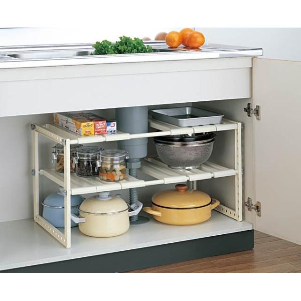 シンク下 フリーラック 2段 伸縮 ワイドタイプ 50cm〜75cm カラー：ホワイト 台所 収納 キッチン 流し下 KW2-EX シンク 流し台