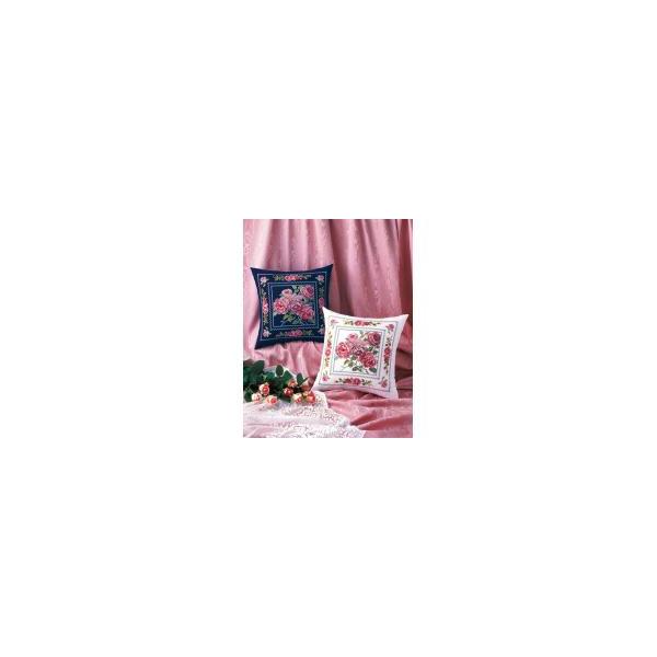 人気の花柄をクロスステッチのクッションにしました。いつものお部屋をより贅沢に彩ります。技法は、すべてクロスステッチを使用しています。技術レベルは、中級者向です。