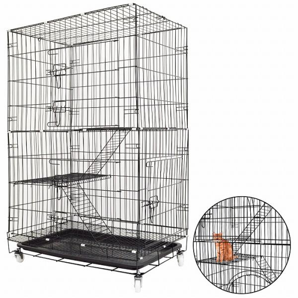 愛猫の安心と安全のためのゆったりサイズのケージです。互い違いに棚板が付いていて上下運動もでき、ネコちゃんが楽しく遊ぶことができます♪2枚の棚板はそれぞれ高さ調整可能です。最下部にトイレが置けるゆとりの大きさ！出入口が３つあるので、ペットや物...