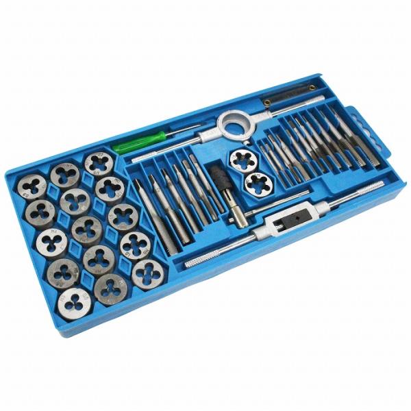 ネジ穴やボルトの補修が出来る40pcsタップ＆ダイスセット！ネジ溝のサビ落し、ネジ山の修正、ネジトラブルの強い味方です！主要サイズをほぼ押えた充実の本格40pcsSET！ピッチゲージなど 特殊専用工具もついたプロ仕様の本格組合わせ。