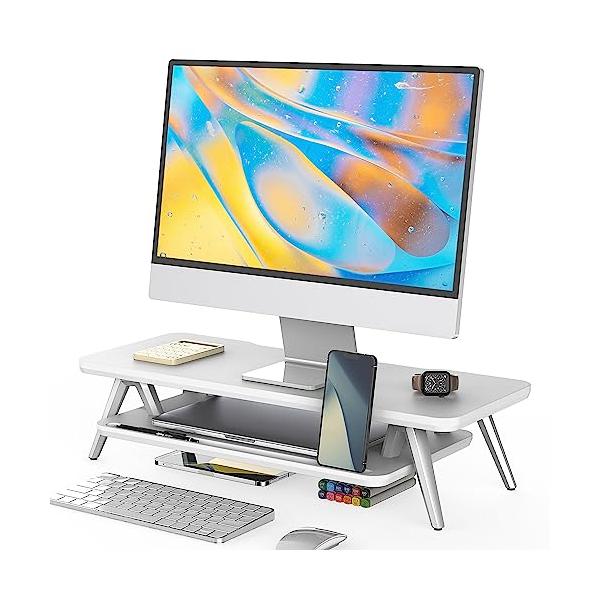 ホワイト/幅60cm/-・Color:ホワイトSize:幅60cm・収納プラス・デスク上をすっきり：モニター台２段式で上段はスマホやタブレットやノートなどをすっきりに収納できます。 下段の空間を活用して、キーボード、マウスなどの周辺機器を整...