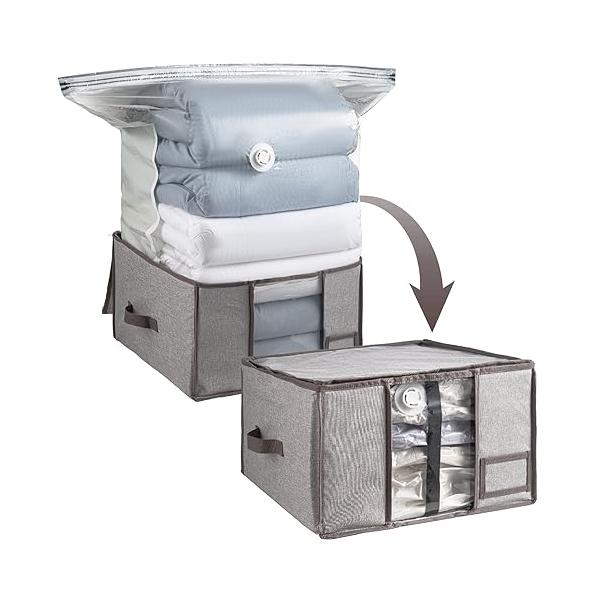 グレー/S/-・Size:S・収納力に抜群：収納ボックス(1枚)：40*42*25 cm ；圧縮袋(1枚)：80*80*38 cm。収納目安：掛け布団を3 ~ 5枚、ダウンジャケットを8〜10枚、衣類を20〜25枚収納できます。圧縮袋と収納...