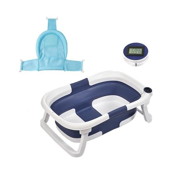 折りたたみ ベビーバス 赤ちゃんブルー&amp;ホワイト/幅63cm×奥行43cm×高い20cm/折りたたみ ベビーバス・パッケージ個数:1・??安全で環境にやさしい温度計付BQKOZFINベビー折りたたみ式バスは無毒で無臭のPP + TP...