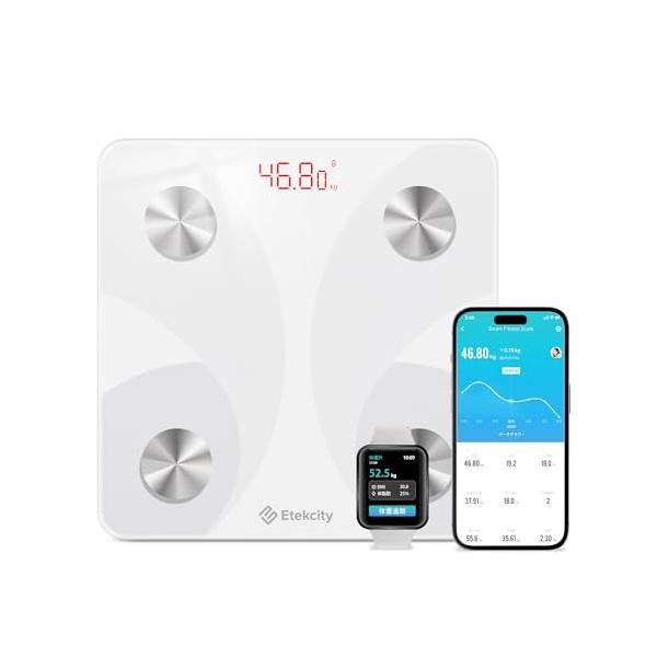 ホワイト/-/FIT8S・Color:ホワイト・パッケージ個数:1・期間:2年間（、対応）、24時間以内返信対応・測定項目：13種類　登録人数:無制限　自動認識 滑り止め加工・商品寸法：幅26 x 奥行26 x 高さ2.3cm　目量：100...