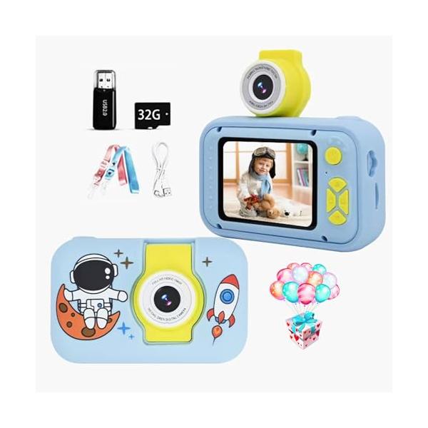 宇宙飛行士ブルー/-/K011・Color:宇宙飛行士ブルー・パッケージ個数:1・子ども向けのレンズ180°反転 新作カメラが登場！4800万画素ではっきりした写真を撮れます。32GBメモリーカード付き！・取り外しできるカバー付きカメラ シ...