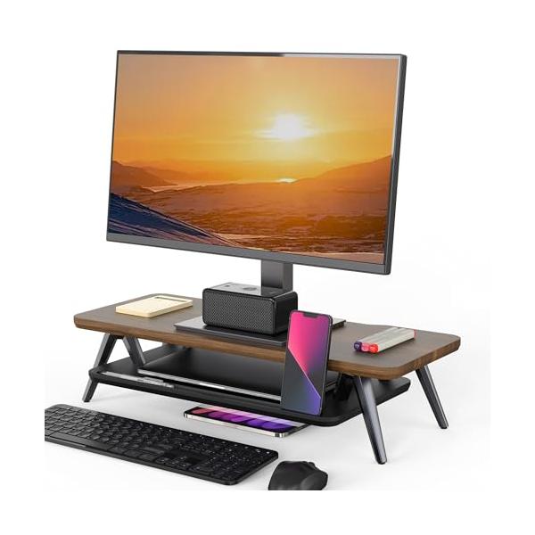 ブラウン＆黒/幅60cm/-・Color:ブラウン＆黒Size:幅60cm・収納プラス・デスク上をすっきり：モニター台２段式で上段はスマホやタブレットやノートなどをすっきりに収納できます。 下段の空間を活用して、キーボード、マウスなどの周辺...