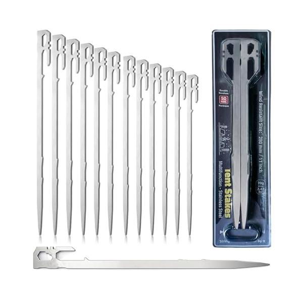 -/-/2023-0920-1・製品仕様テントペグ12本セット（登山用バックル付き）。サイズ約：長さ28cm、幅2.5cm、厚み3mm。・高硬度材質この製品は、高温熱処理プロセスと一体成形技術を採用して、高硬度ステンレス鋼420材料で作られ...