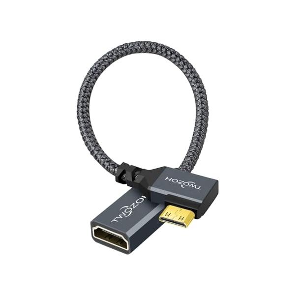 Miniオス(左向)-HDMIメス90°左角/0.6FT/HD-005-AFC-L・Color:90°左角・パッケージ個数:1・安定した伝送:Twozohはアルミホイルと錫メッキ銅編組を使用しています。 ダブルシールド付きのミニHDMIコネ...