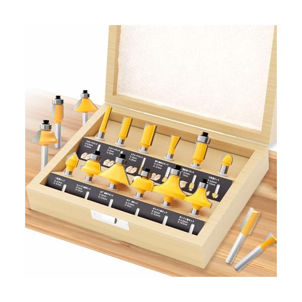 12本組-/-/BT-4JT・Style:12本組・パッケージ個数:1・▲12本組  色: イエロー  シャンク径: 6mm。ルータービットの刃部にYG6Xタングステン鋼合金を採用し&amp;表面塗装  切削力に優れ美しく仕上げられます  ...