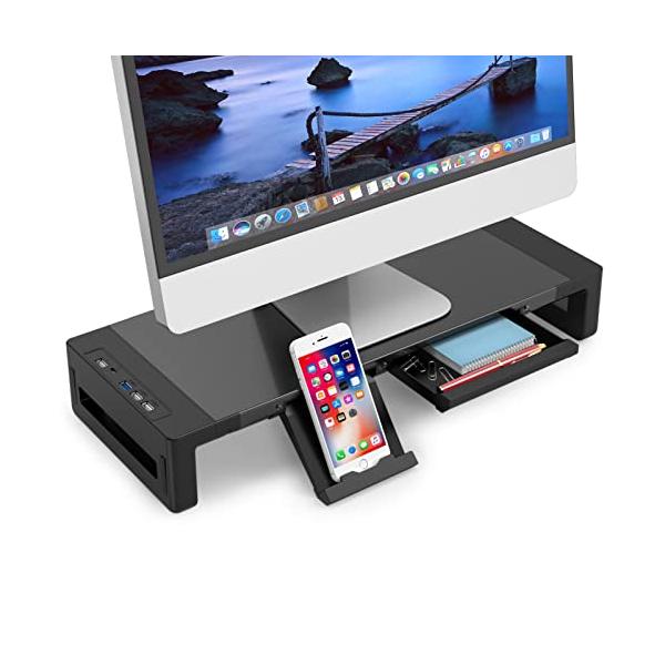 ・ブラック  ・3つのUSBポートと2つの充電ポート：EAYHM ディスプレイ 台には、1つのUSB3.0ポートと2つのUSB2.0ポートがあります。 USBケーブル（贈り品）をパソコンに接続すると、ハブの拡張機能を使用できます。 マウス、...