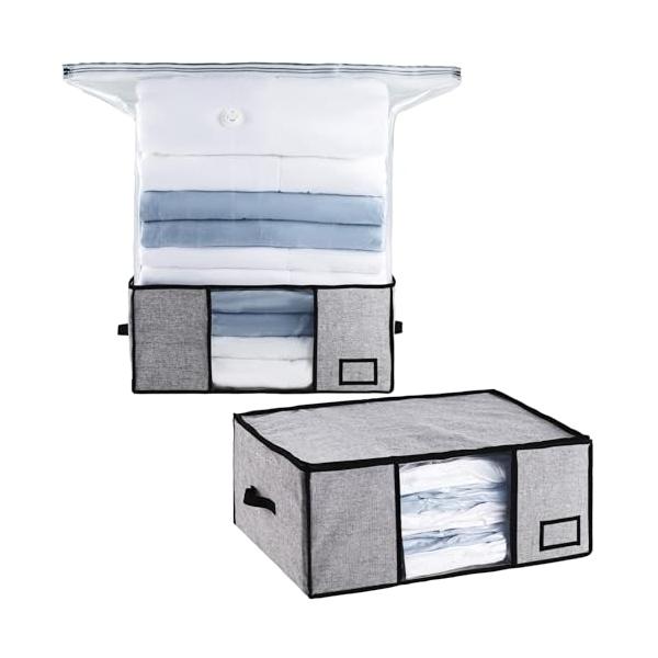 グレー/L/-・Size:LColor:グレー・大容量：収納ボックス(1枚)：65 50 27 cm 圧縮袋(1枚)：110 100 44 cm。収納目安：掛け布団を3枚くらい、衣類を12枚くらい、ぬいぐるみを12個くらい収納できます。圧縮...