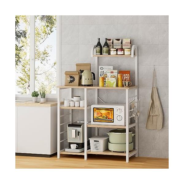 おしゃれベージュ/白/Lサイズ/CS22-0123・Color:ベージュ/白Size:Lサイズ・充実した収納スペース五段の天板があり、充実な収納力で、電子レンジや炊飯器などのキッチン家電、食器類、キッチン用品をまとめて収納できます。料理道具...