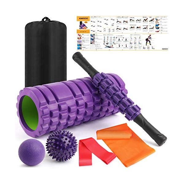 パープル/7個 (x 1)/-・Color:パープル・7点全身のきんまくリリース ローラー セットヨガポールx1、マッサージローラースチィックx1、マッサージボールx2、エクササイズバンドx2、日本語マニュアルx1、収納袋x1を含めます。ヨ...