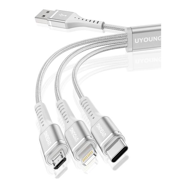 ・シルバー 1.2M ・・Size:1.2MColor:シルバー・3in1 充電ケーブル本製品は三合一充電線、マルチヘッド充電線です。３種類の端子(ライトニングiOS・Type-C・Micro USB)を搭載しており、自宅、オフィス、車内等...