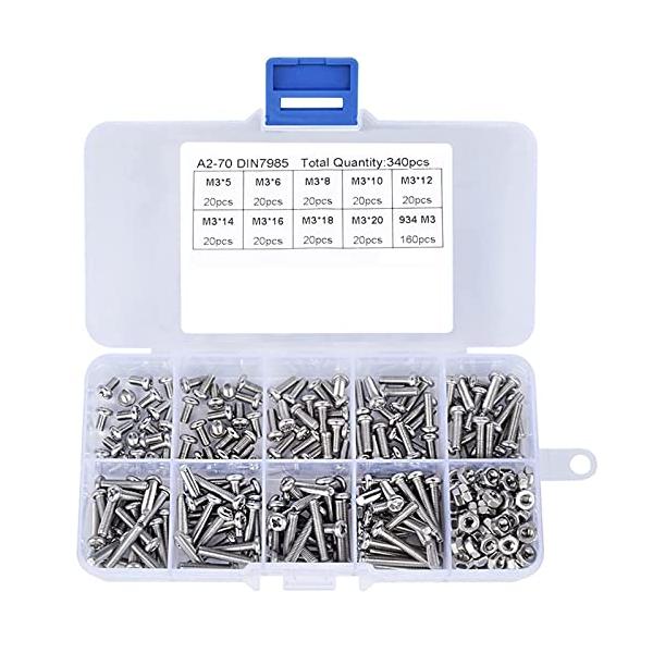 ・M3 M3 ・セット内容1個収納ケース、340個セット。M3ネジ（ボルト長:5mm/6mm/8mm/10mm/12mm/14mm/16mm/18mm/20mm）180pcs；六角ナット：160pcs。1セットには、9種類の長さのネジが含ま...