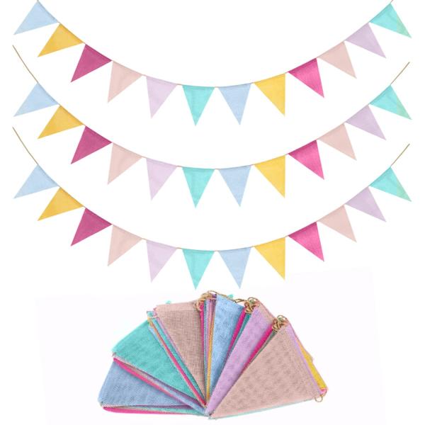 ・マルチカラー 4m-3本 HZT164-2・・Size:4m-3本・「ガーランド おしゃれ」3本の三角旗スタイルフラッグガーランドセットです。それぞれに12枚の旗（12.5cm×17cm）がついており、麻紐一本の長さは約4.1mで、簡単に...